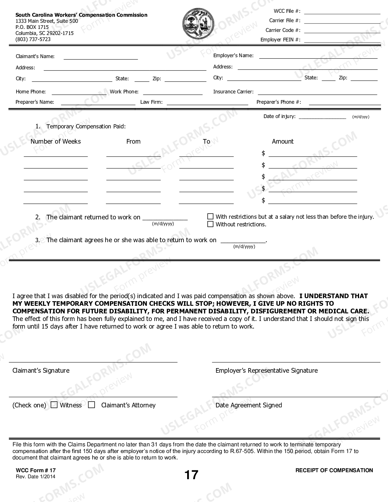 South Carolina Receipt of Compensation for Workers' Compensation | US ...