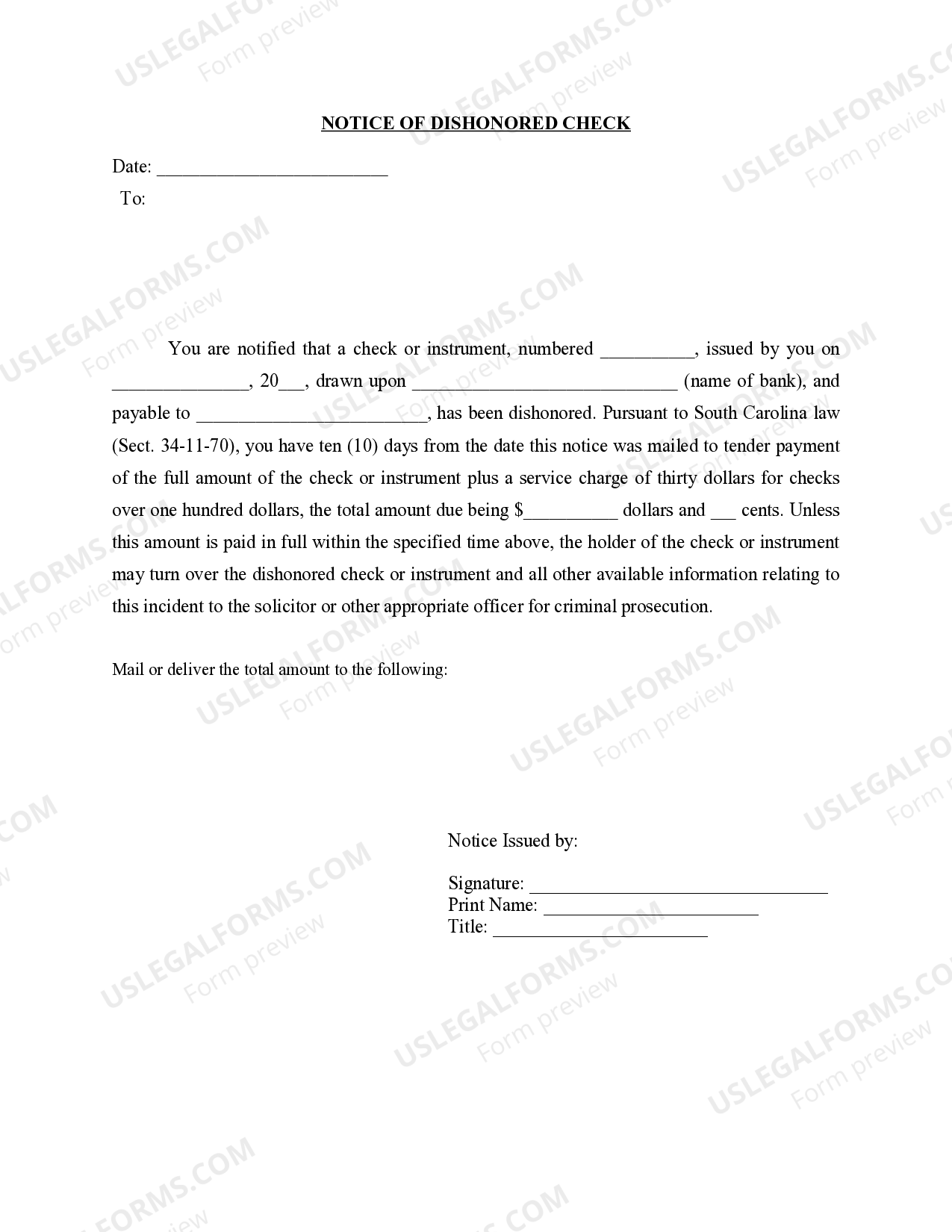 South Carolina Notice of Dishonored Check - Civil and Criminal ...