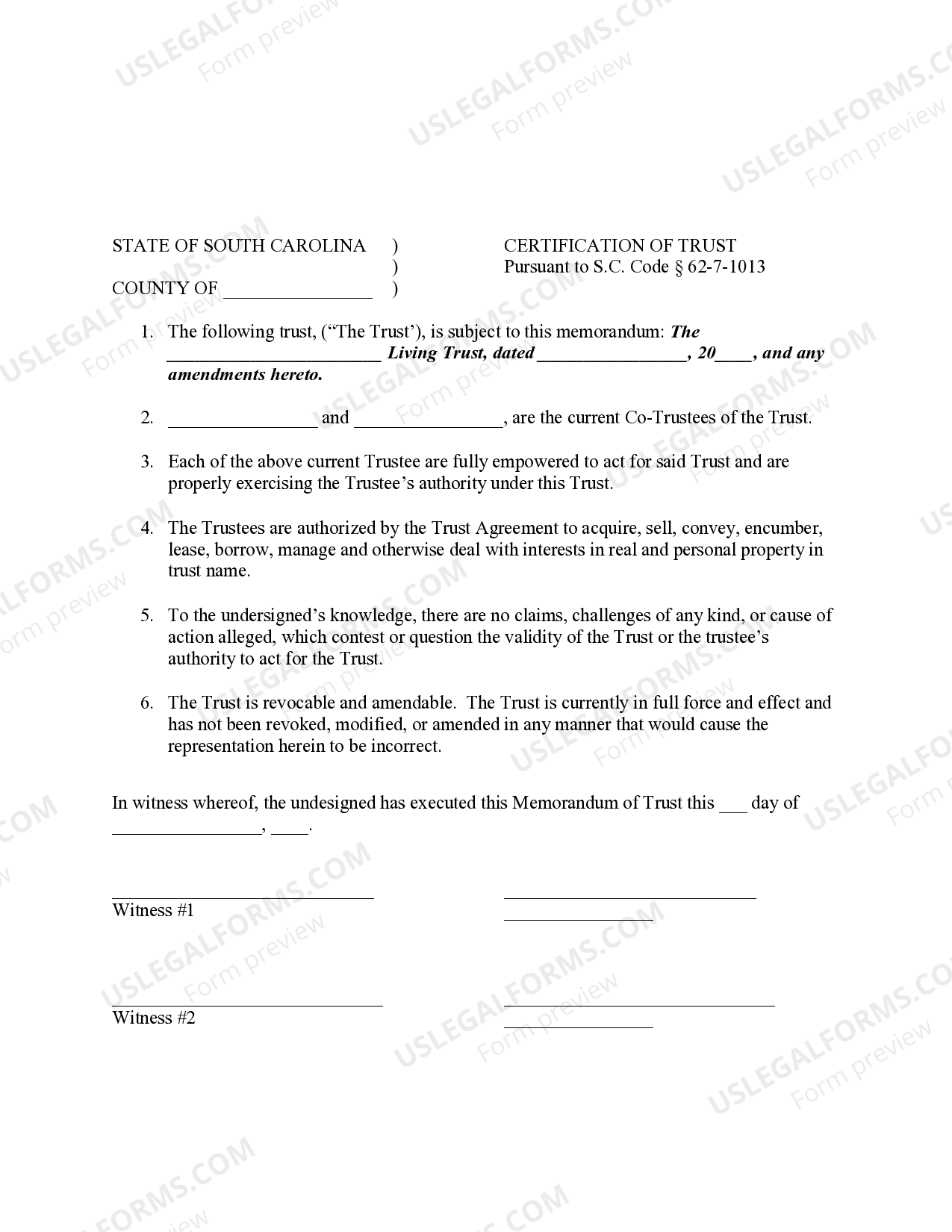 South Carolina Certification of Trust - Certification Of Trustee | US ...