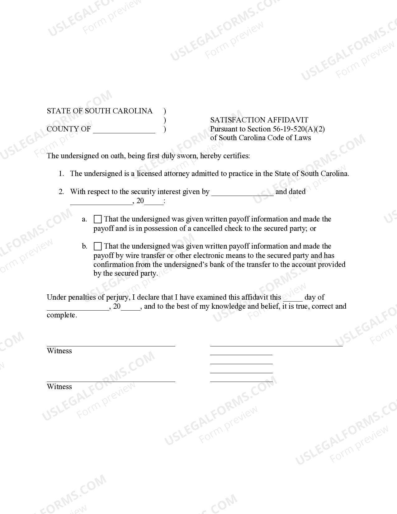 South Carolina Satisfaction Affidavit - South Carolina Affidavit | US ...