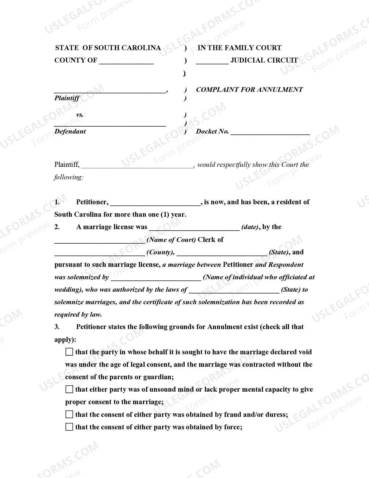 South Carolina Complaint for Annulment | US Legal Forms