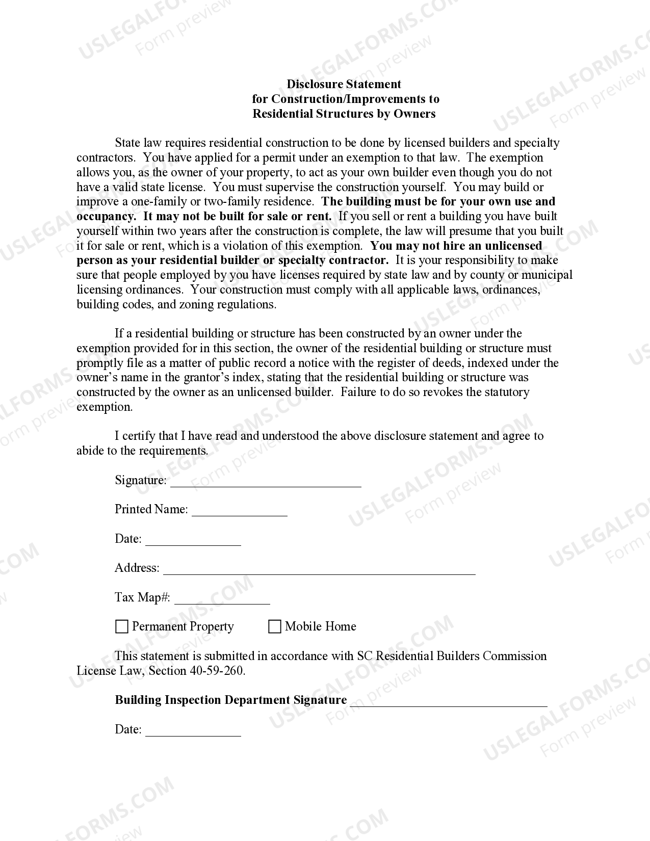 South Carolina Disclosure Statement for Construction/Improvements to ...