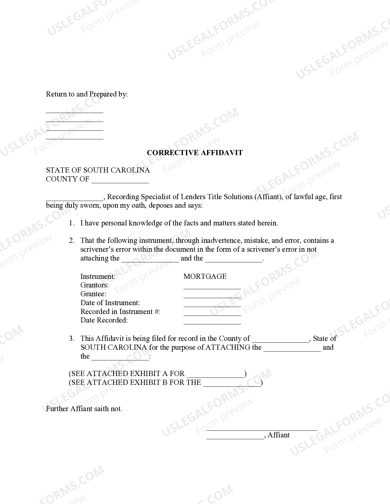 South Carolina Corrective Affidavit - South Carolina Affidavit | US ...