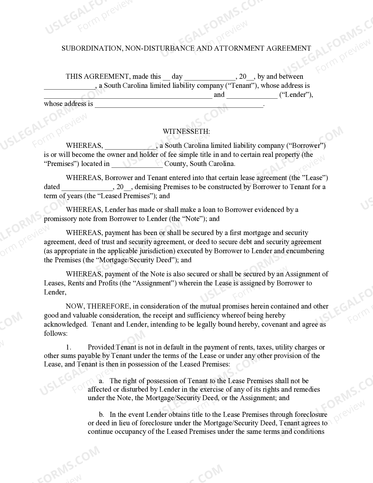 South Carolina Subordination, Non-disturbance and Attornment Agreement | US Legal Forms