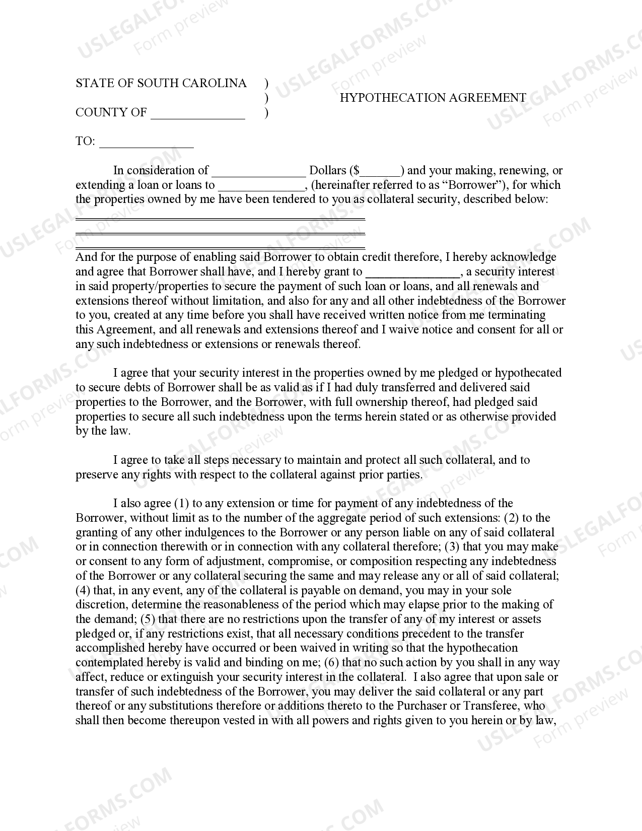 South Carolina Hypothecation Agreement - Hypothecation Agreement ...