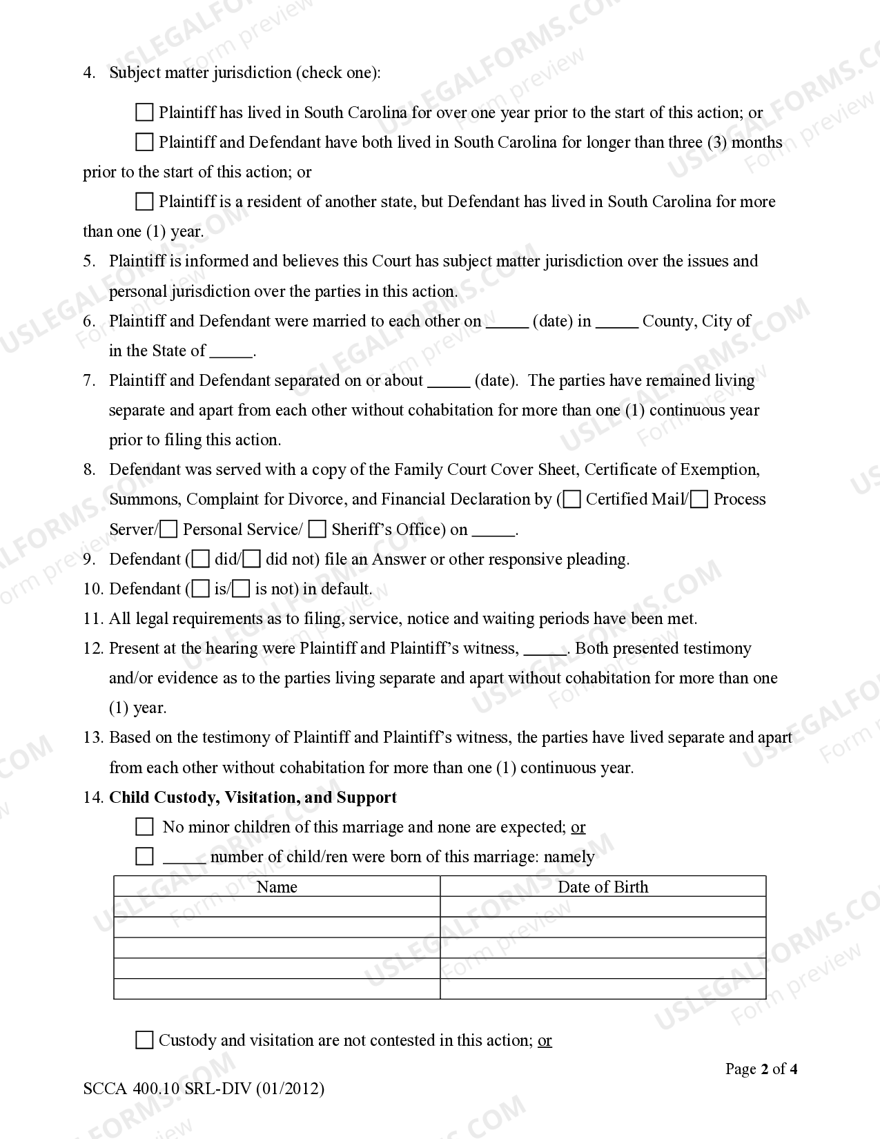 South Carolina Decree of Divorce for People with Adult children | US ...