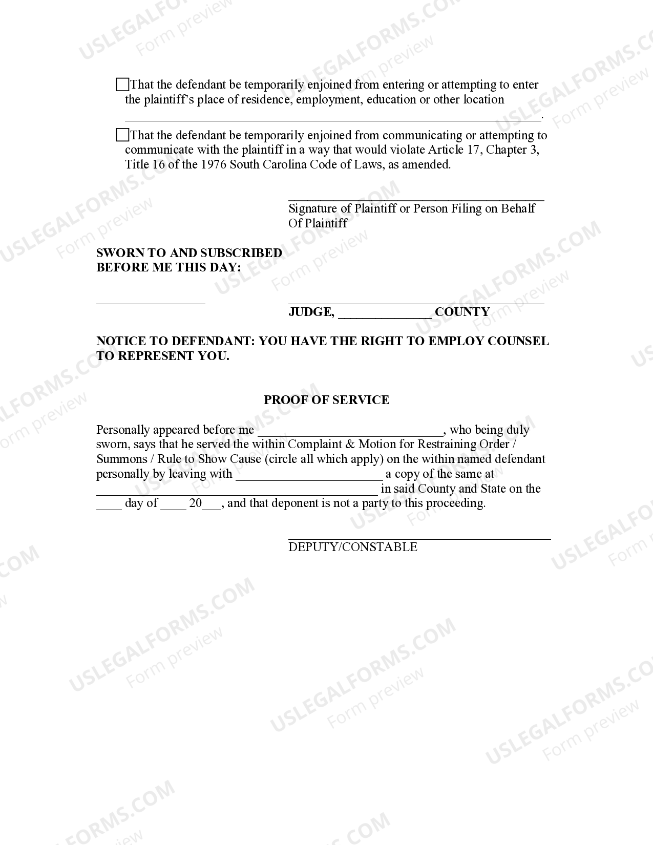 South Carolina Complaint and Motion for Restraining Order | US Legal Forms