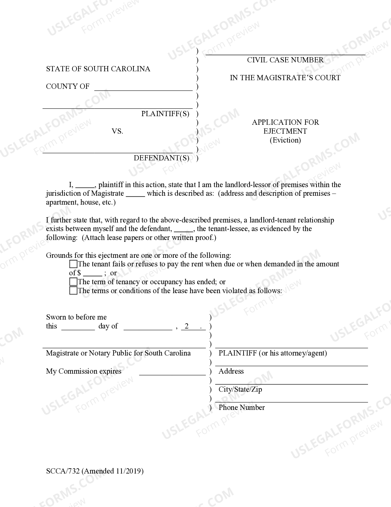 South Carolina Application for Ejectment / Eviction - Application For ...