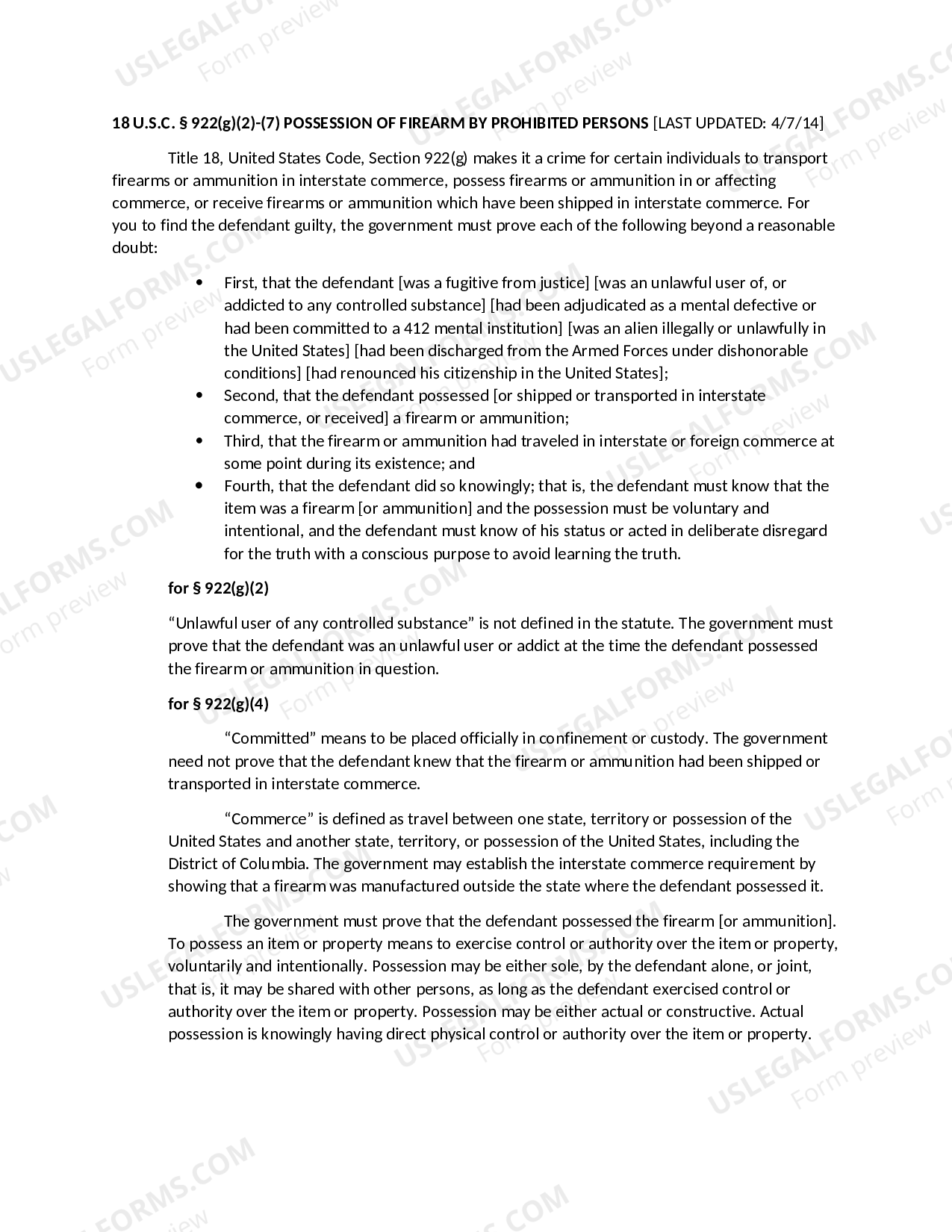 South Carolina POSSESSION OF FIREARM BY PROHIBITED PERSONS | US Legal Forms
