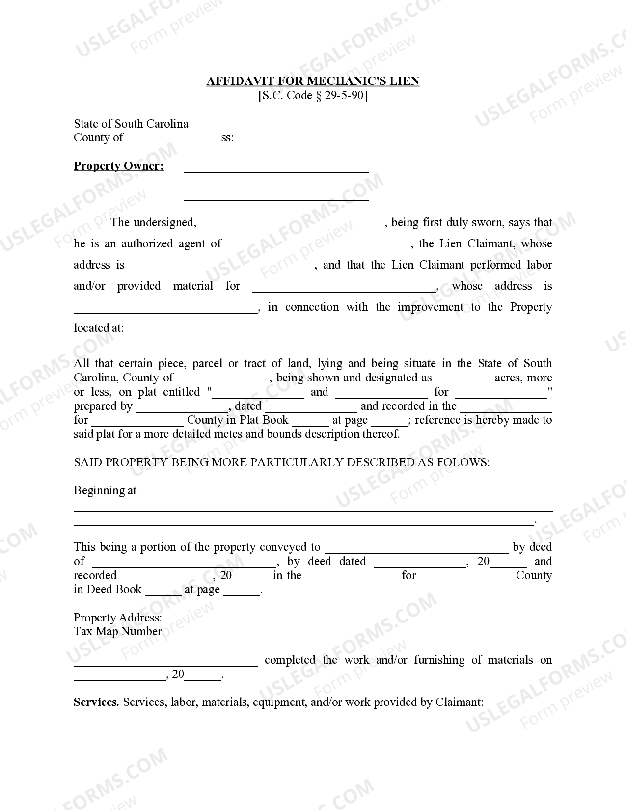 South Carolina Affidavit for Mechanic's Lien - Lien Affidavit | US ...