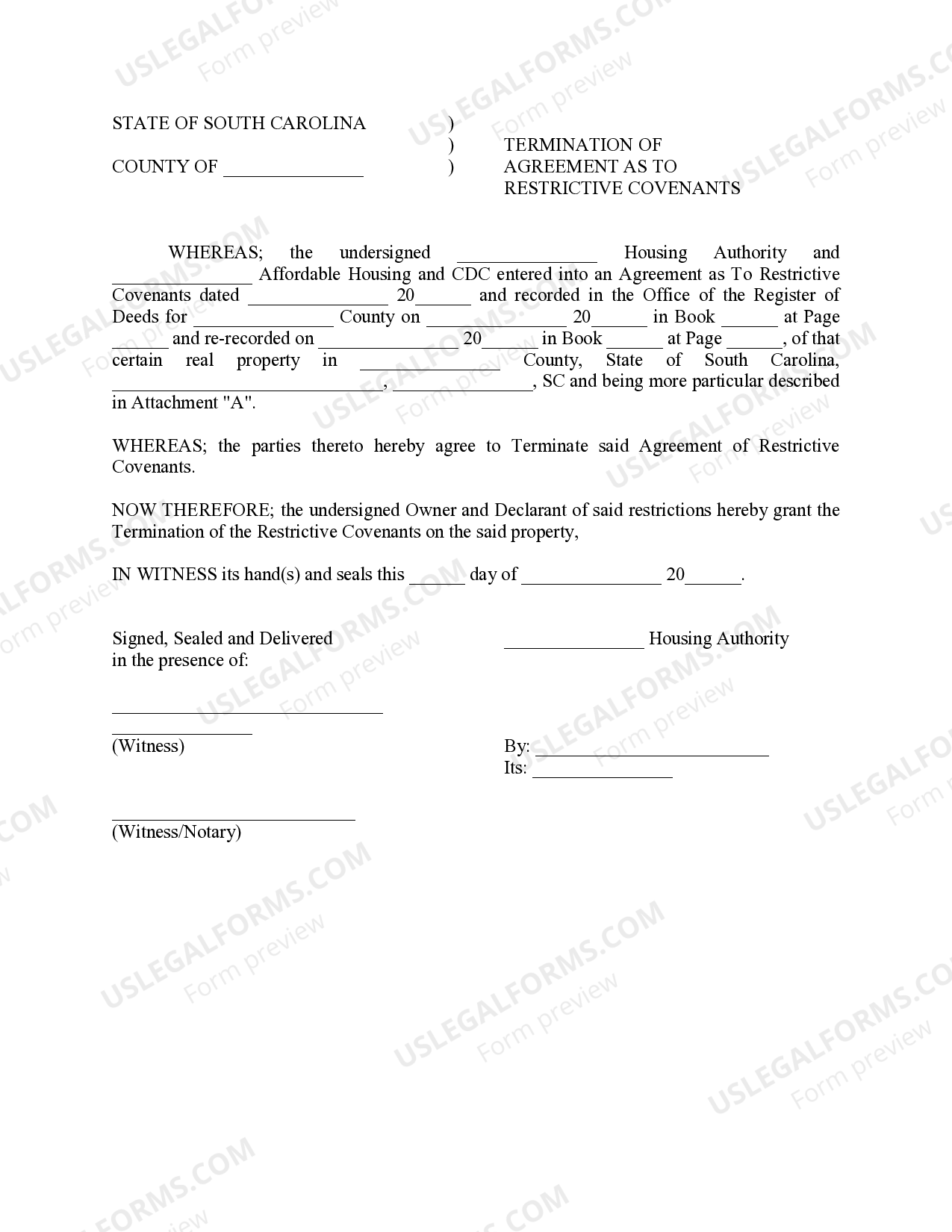South Carolina Termination of Agreement as to Restricted Covenants | US ...