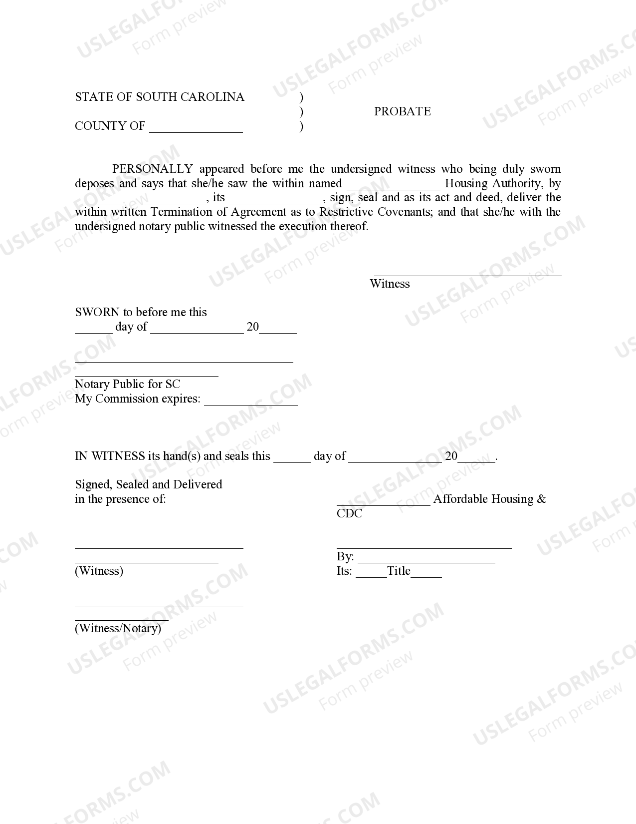 South Carolina Termination of Agreement as to Restricted Covenants | US ...
