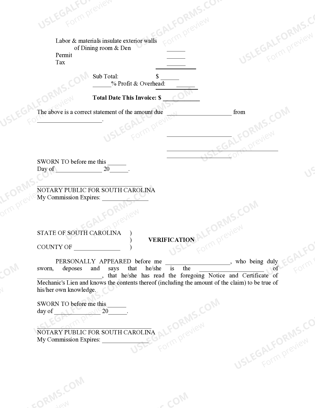 South Carolina Notice and Certificate of Mechanic's Lien and Invoice ...