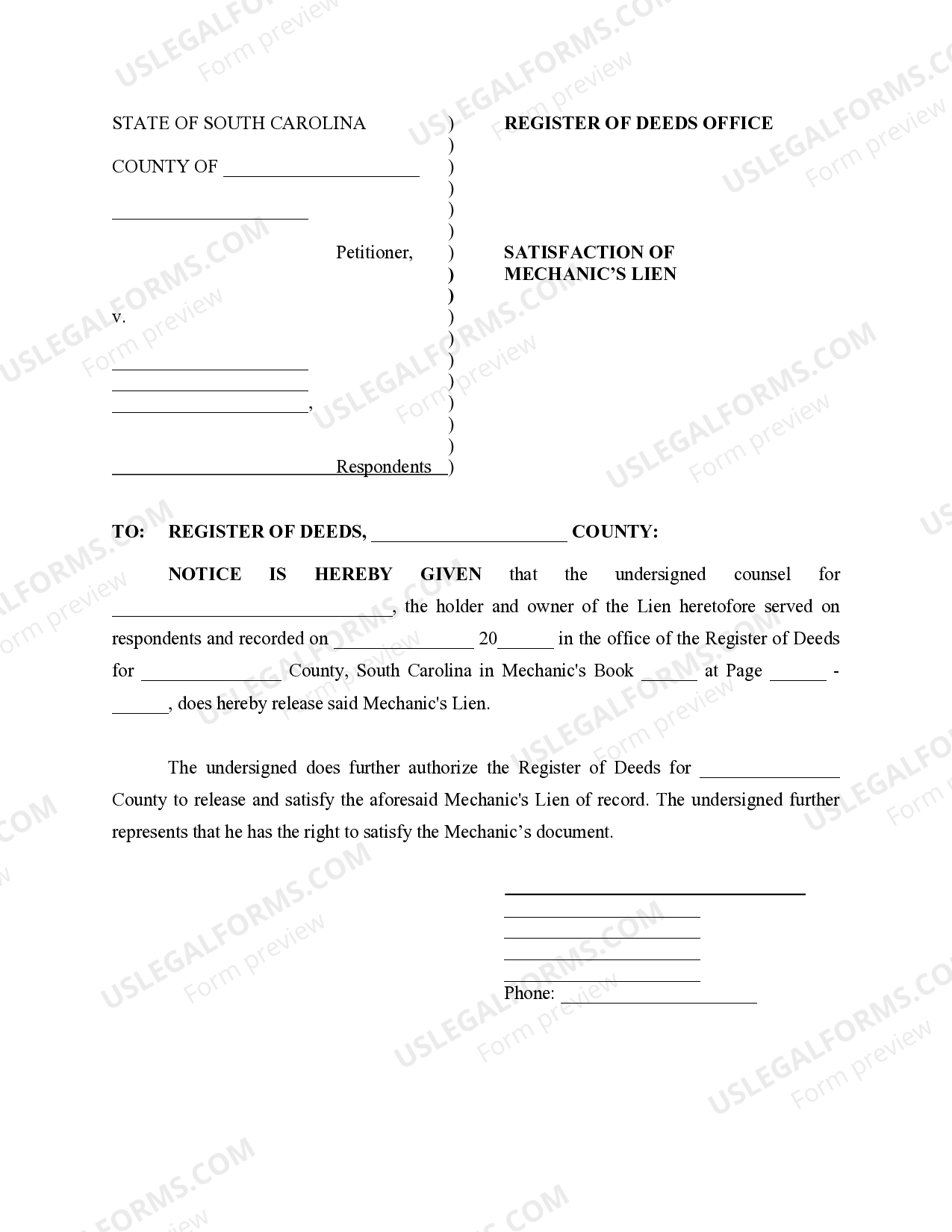 South Carolina Satisfaction of Mechanic's Lien | US Legal Forms