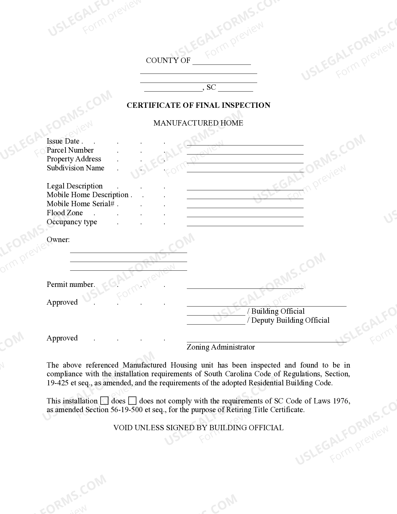 South Carolina Manufactured Home Affidavit for Retirement of Title ...