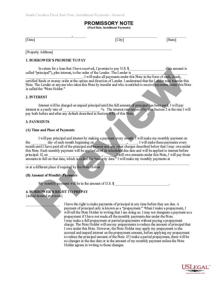 South Carolina Installments Fixed Rate Promissory Note Secured By Residential Real Estate US