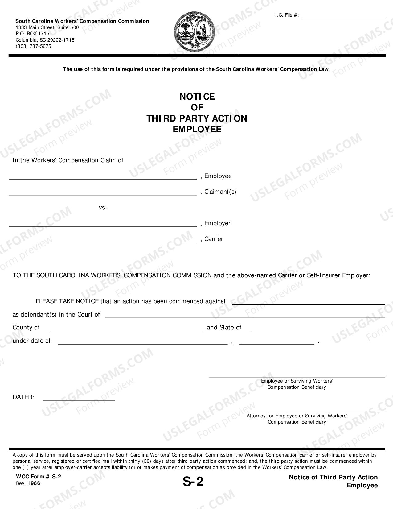 South Carolina Notice of Third Party Action Employee for Workers ...