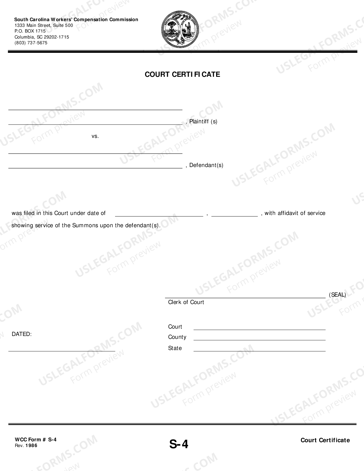 South Carolina Court Certificate for Workers' Compensation | US Legal Forms