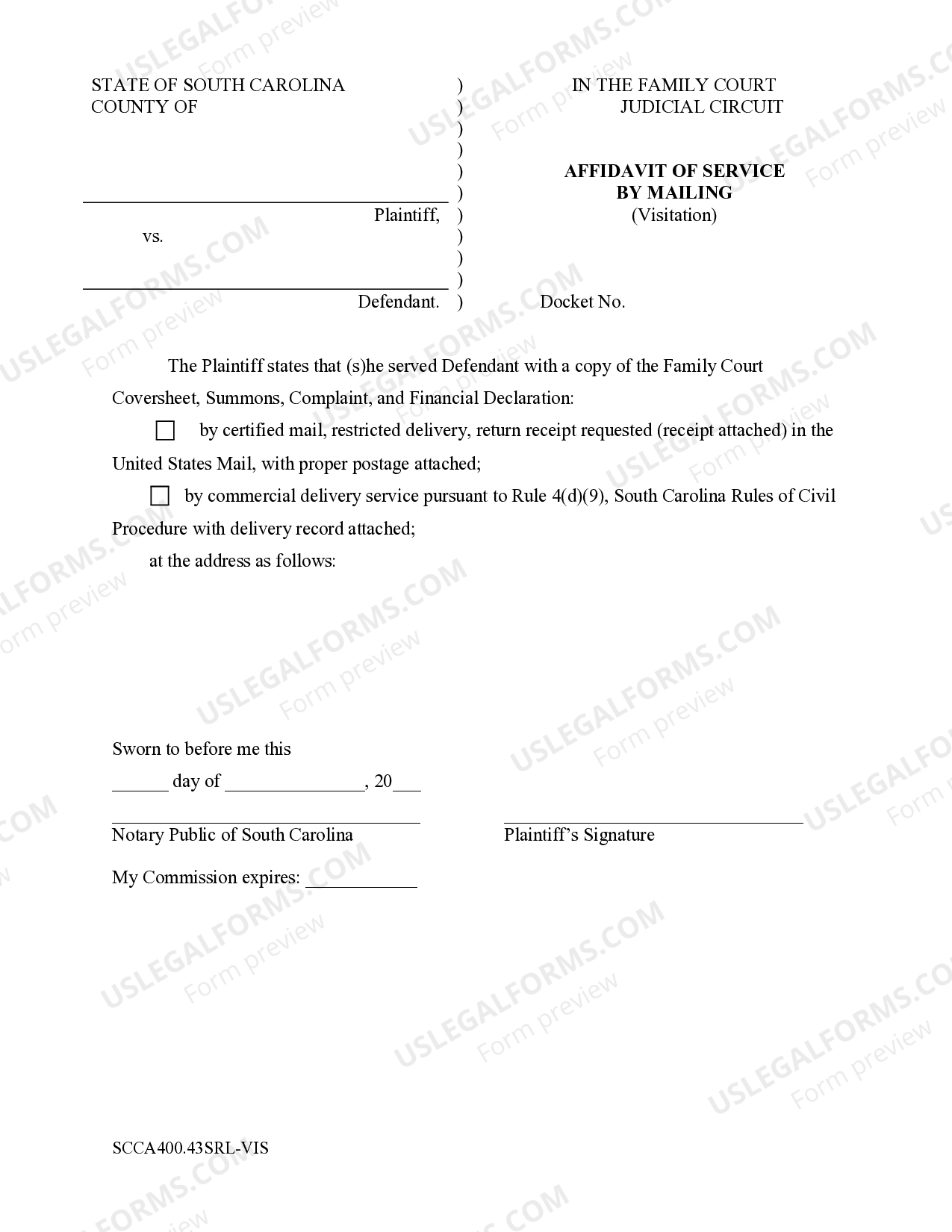 South Carolina Affidavit of Service by Mailing-Visitation | US Legal Forms