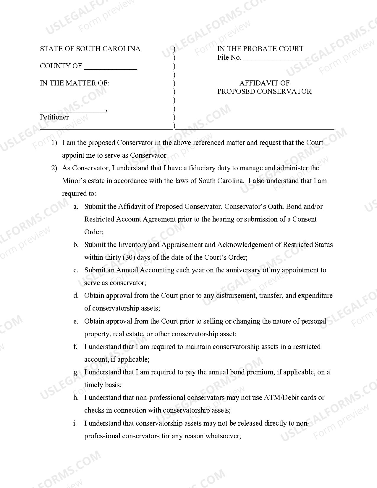 South Carolina Affidavit of Proposed Conservator | US Legal Forms