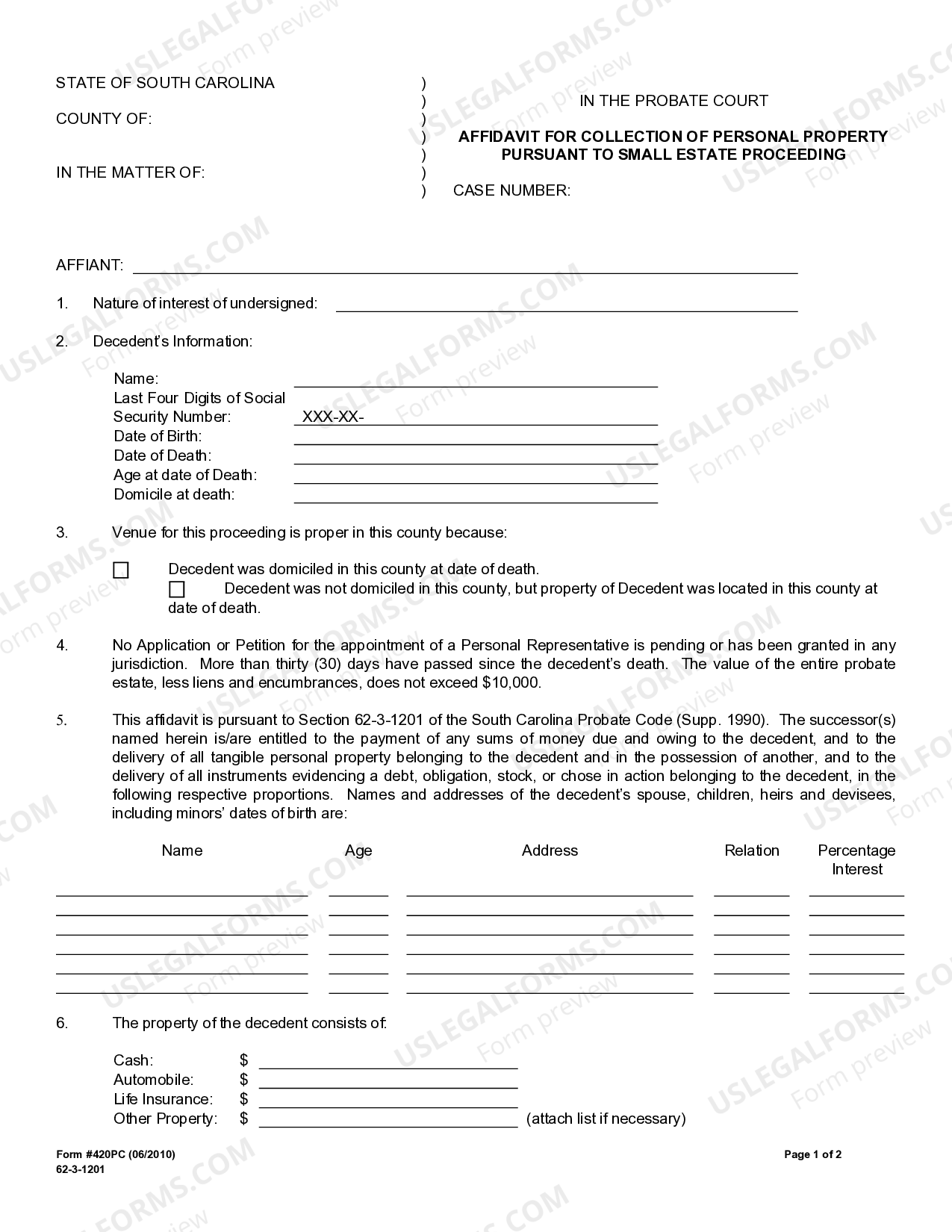 South Carolina Affidavit for Collection of Personal Property Pursuant ...