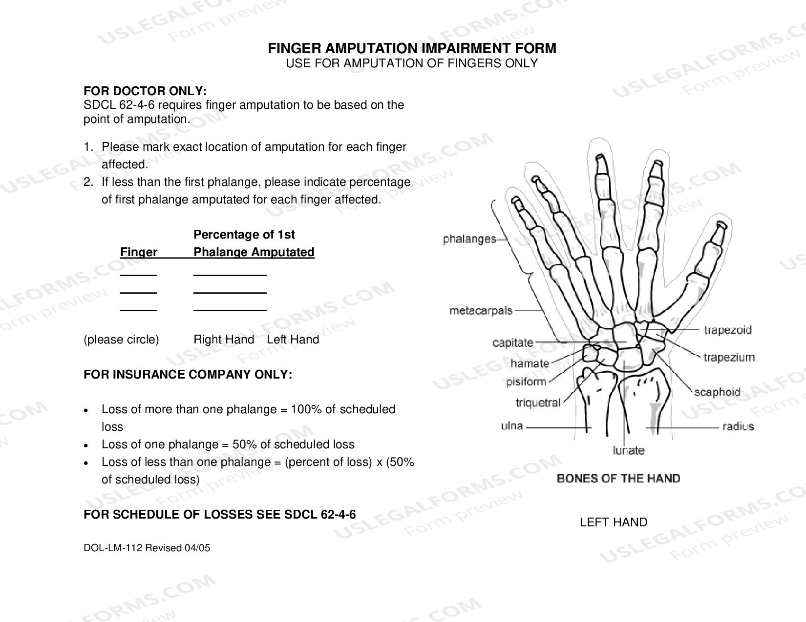 South Dakota Finger Amputation Impairment Form | US Legal Forms