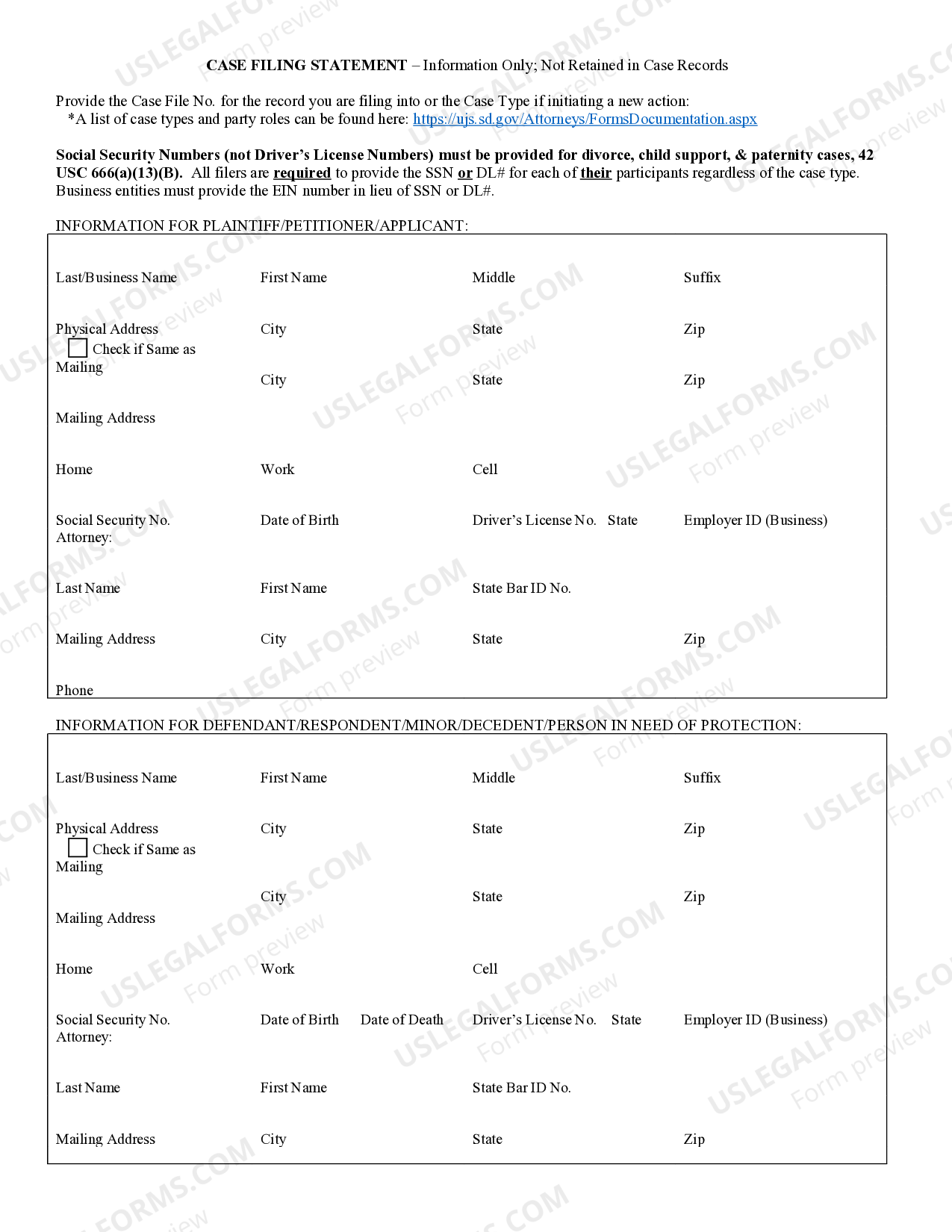 South Dakota Civil Case Filing Statement - Case Filing Statement South ...