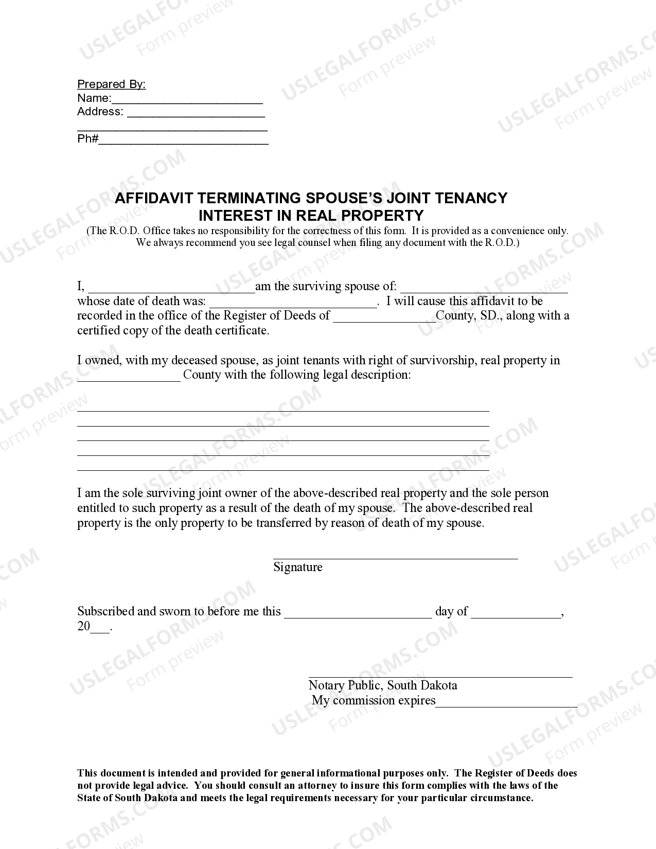 South Dakota Affidavit Terminating Spouse's Joint Tenancy Intrest in ...