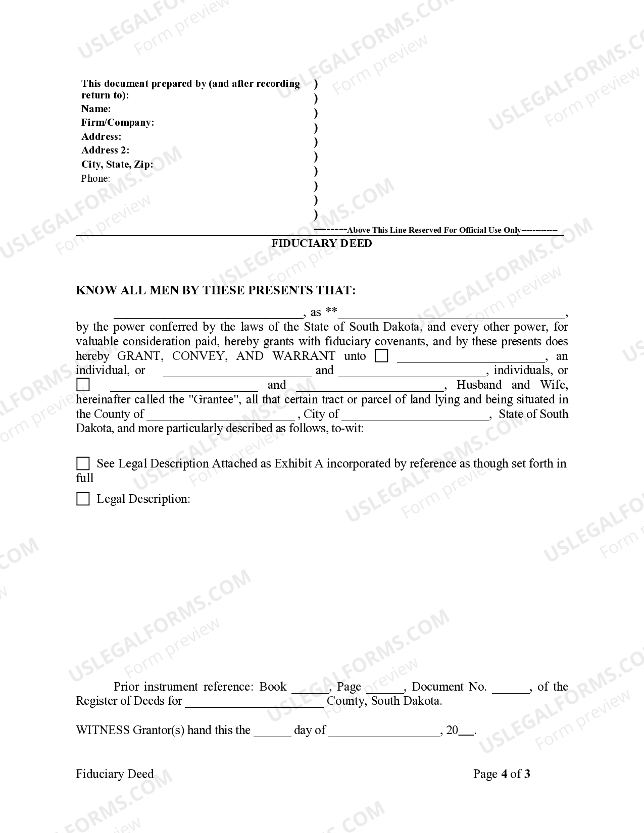 South Dakota Fiduciary Deed for use by Executors, Trustees, Trustors ...