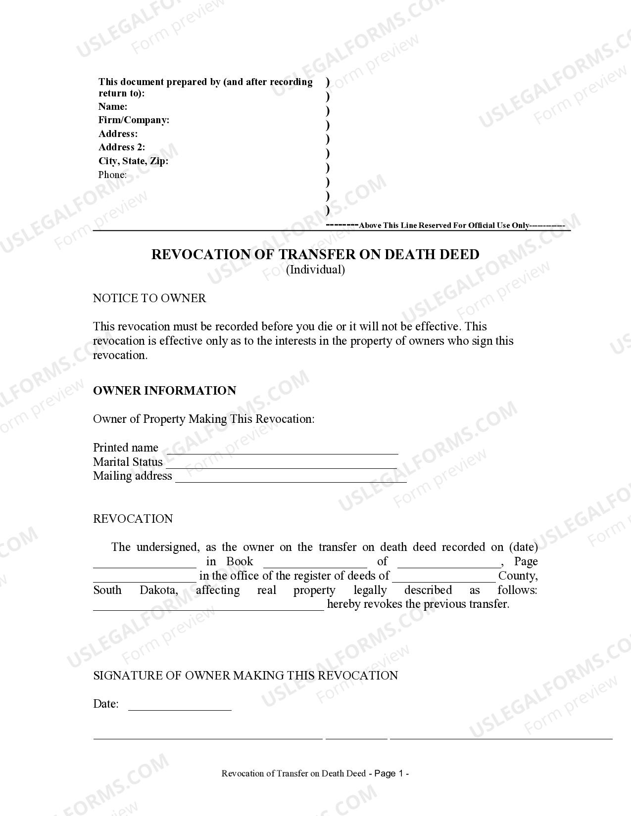 South Dakota Revocation of Transfer on Death Deed - South Dakota Tod ...