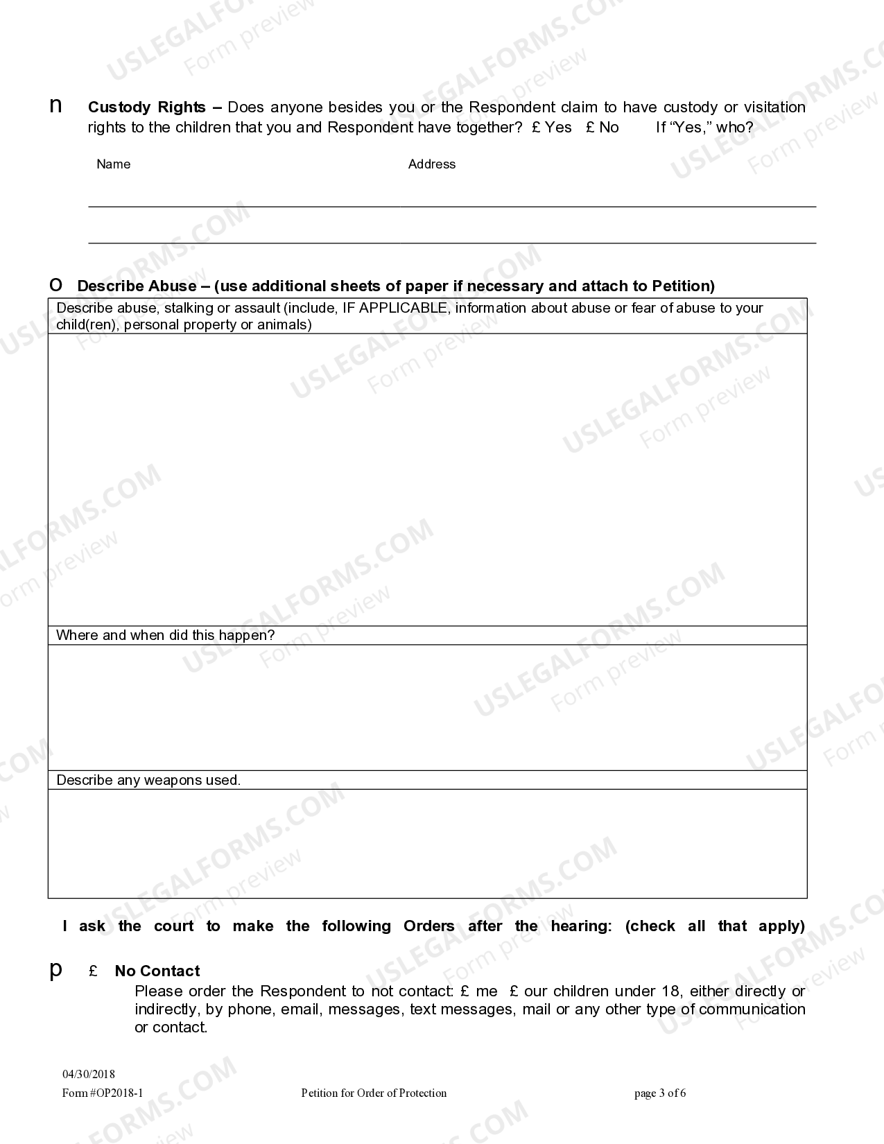 Memphis Tennessee Petition for Order of Protection and Order for ...