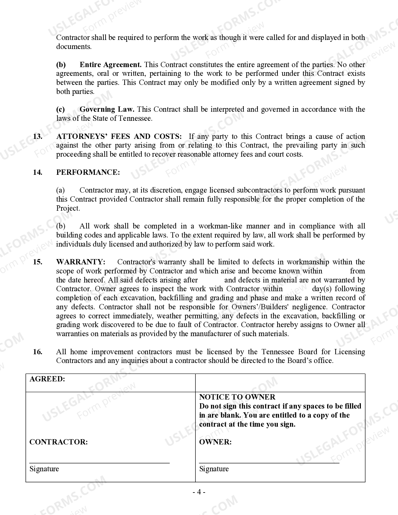 Tennessee Excavator Contract for Contractor | US Legal Forms