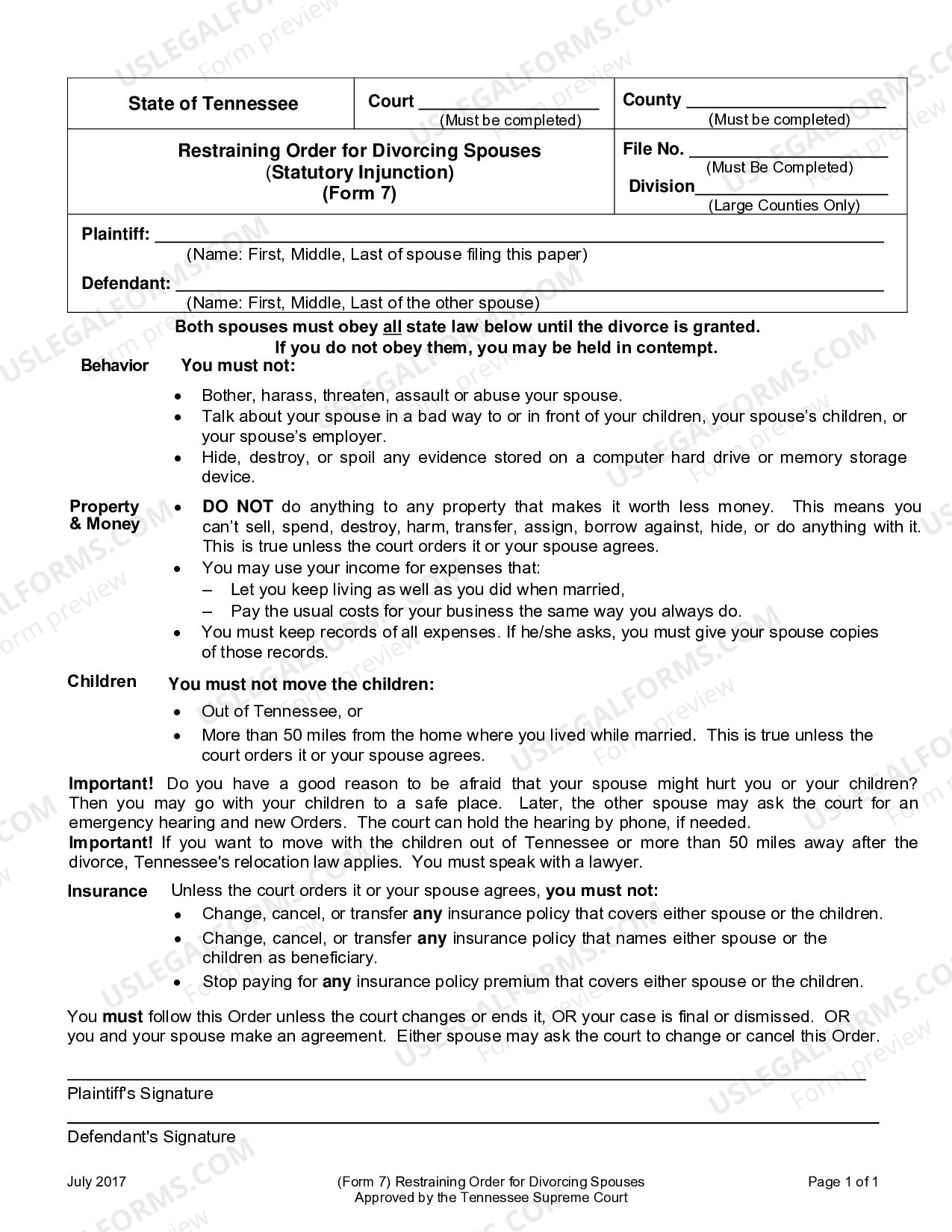 Tennessee Restraining Order for Divorcing Spouses (Statutory Injunction ...