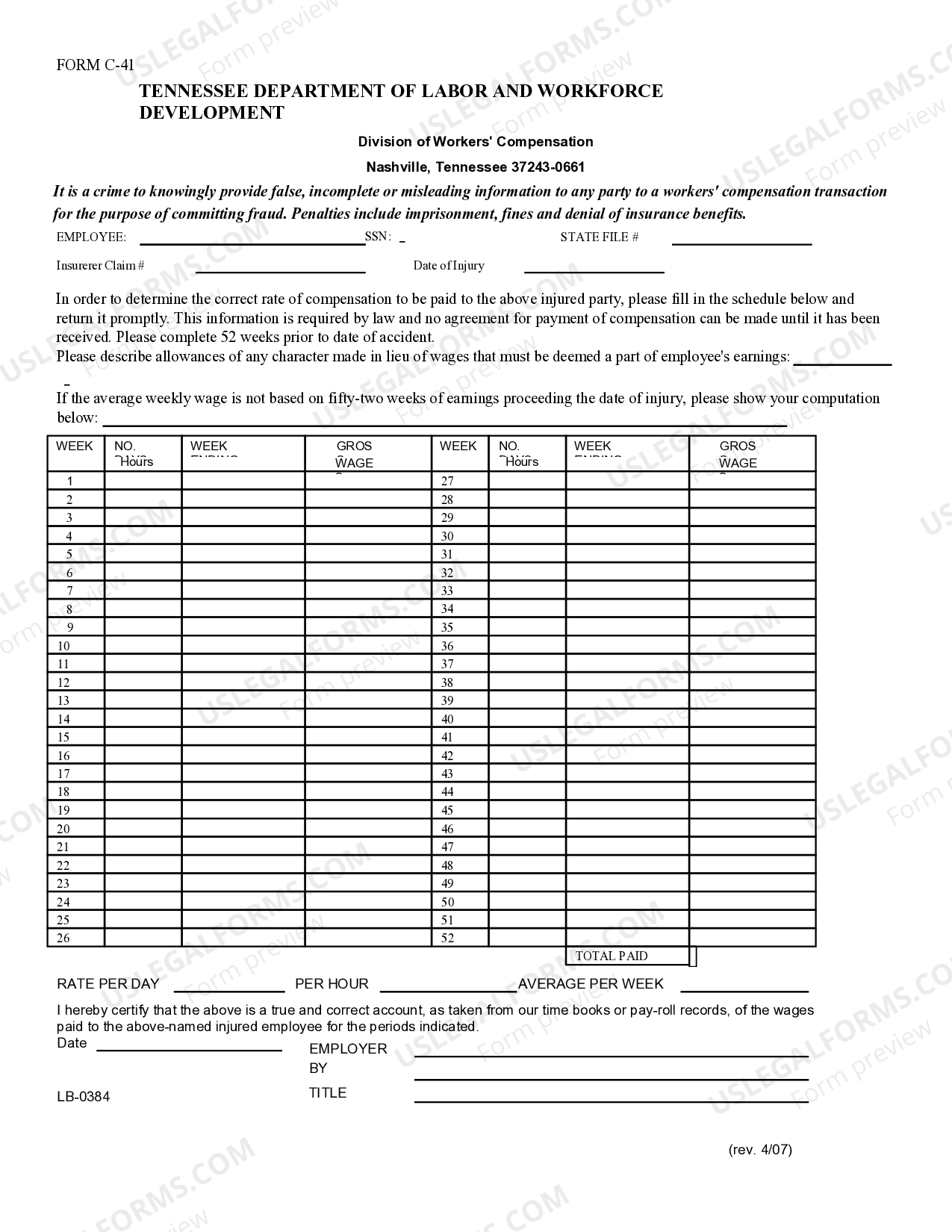 Tennessee Wage Statement for Workers' Compensation - What Is A Wage ...