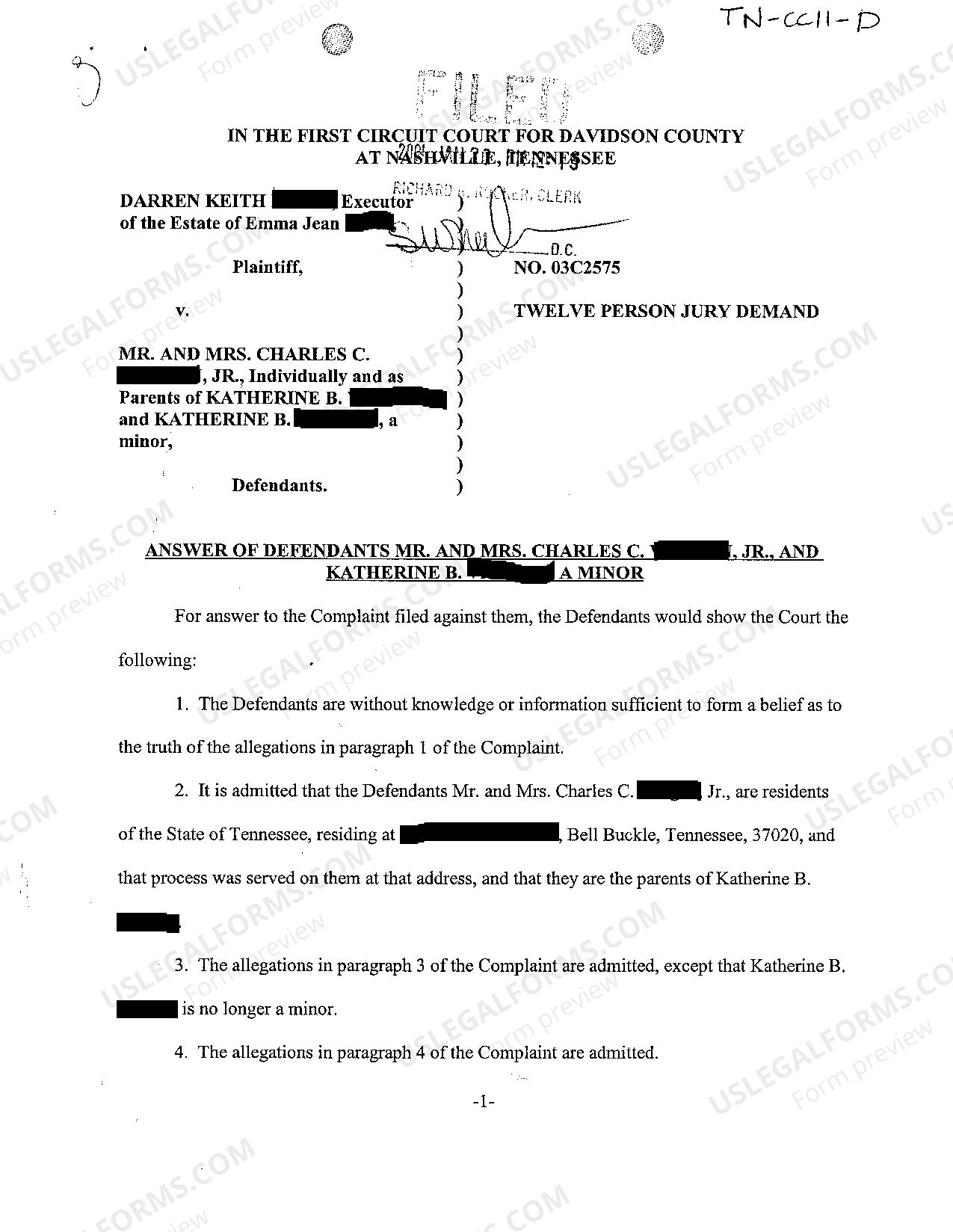 Tennessee Answer of Defendants to Complaint for Medical Malpractice ...