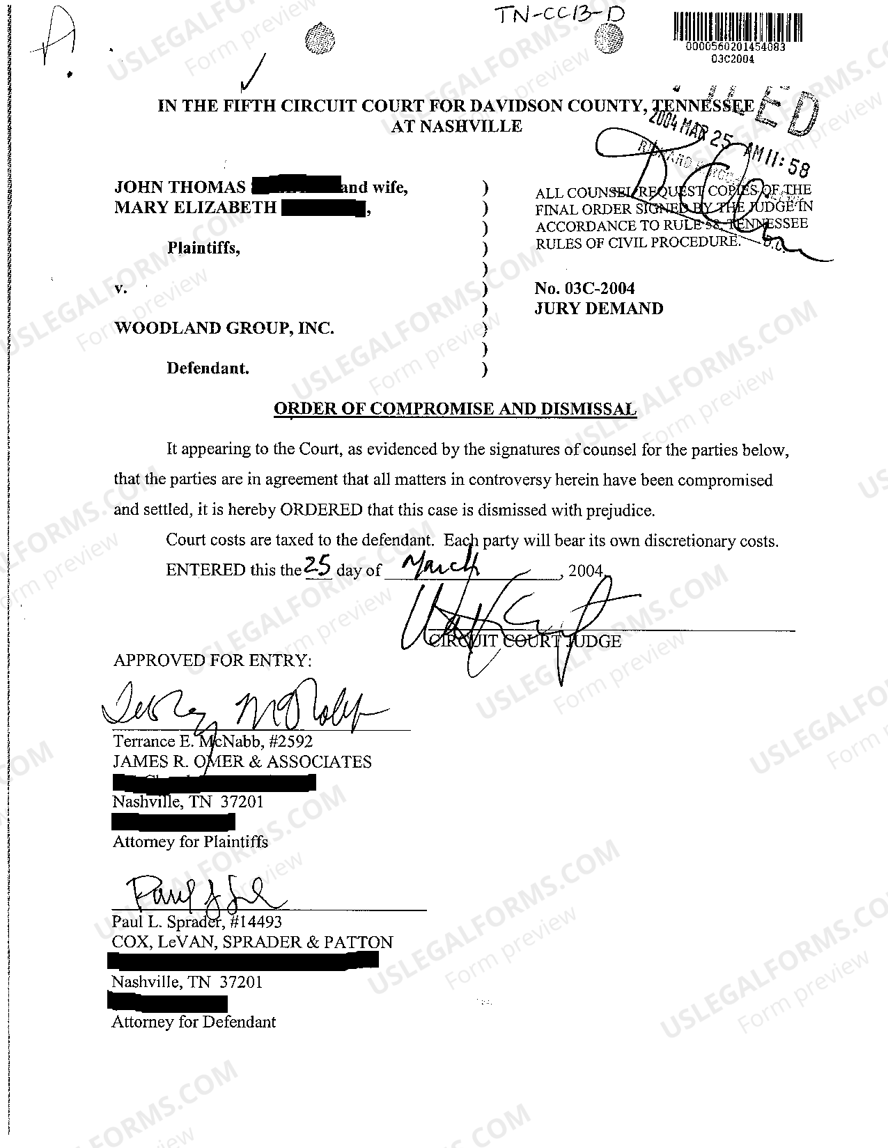 Tennessee Order of Compromise And Dismissal | US Legal Forms