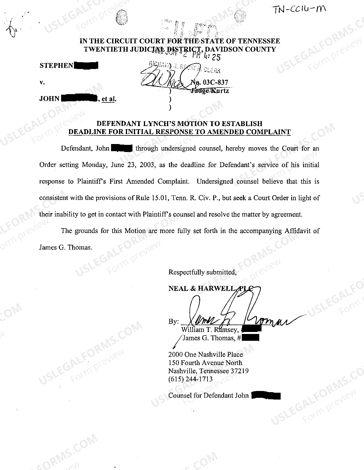 Tennessee Defendant Lynch's Motion To Establish Deadline | US Legal Forms