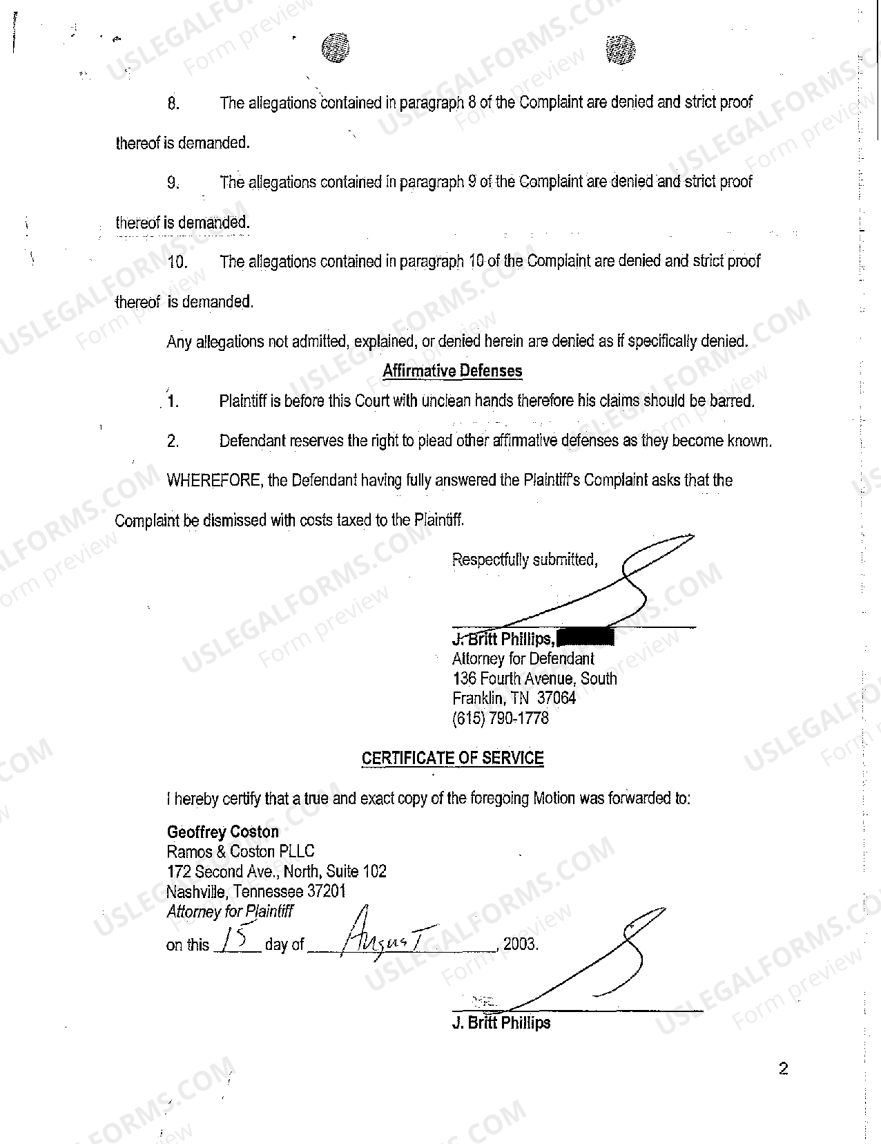 Tennessee Answer to Complaint | US Legal Forms