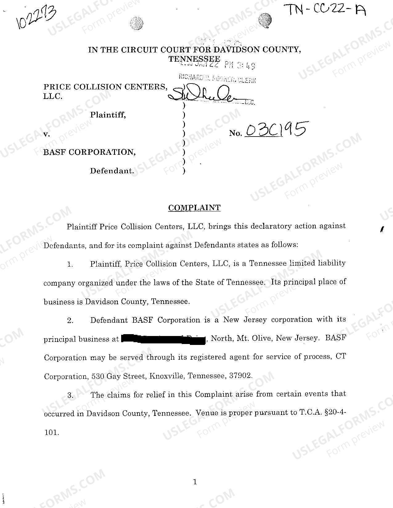 Tennessee Complaint for Declaratory Judgment that Plaintiff Has Not ...