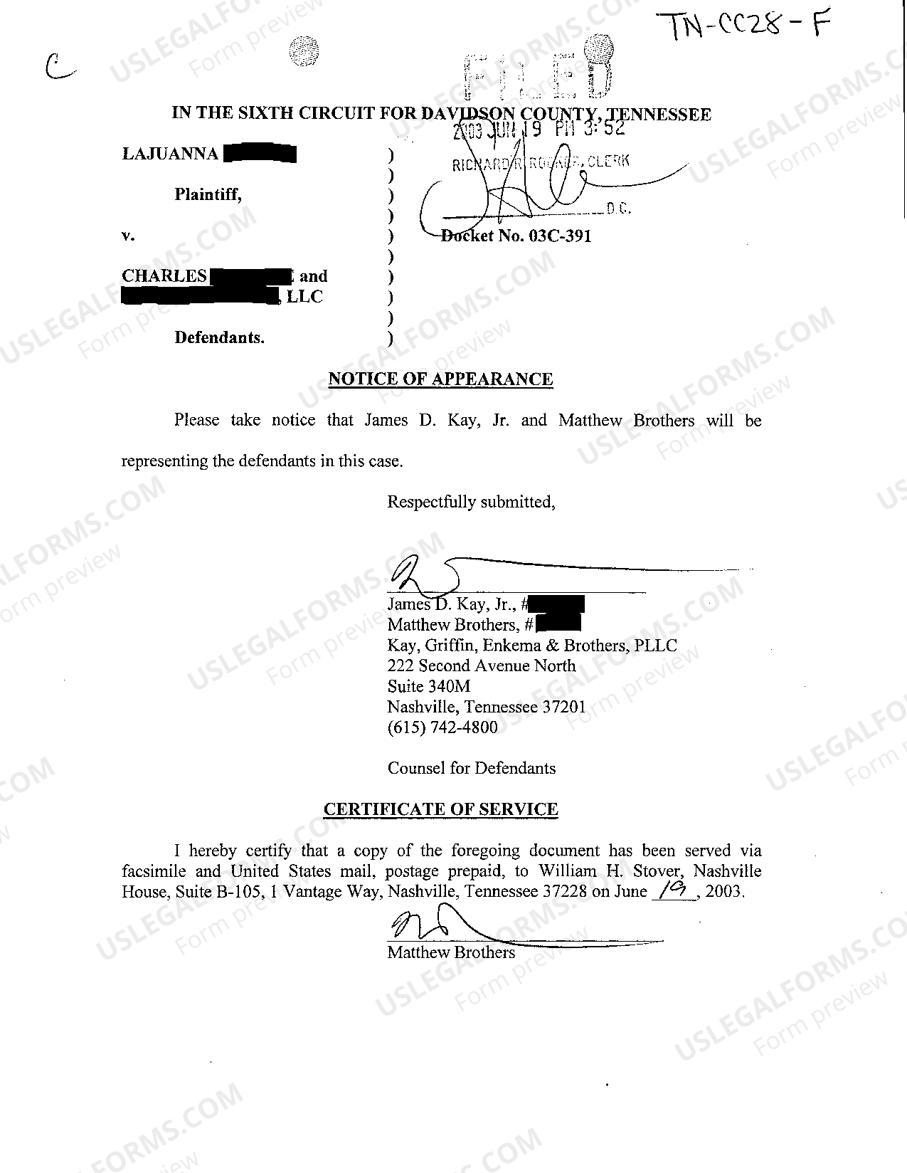 Tennessee Notice of Appearance of Defendant's Counsel | US Legal Forms