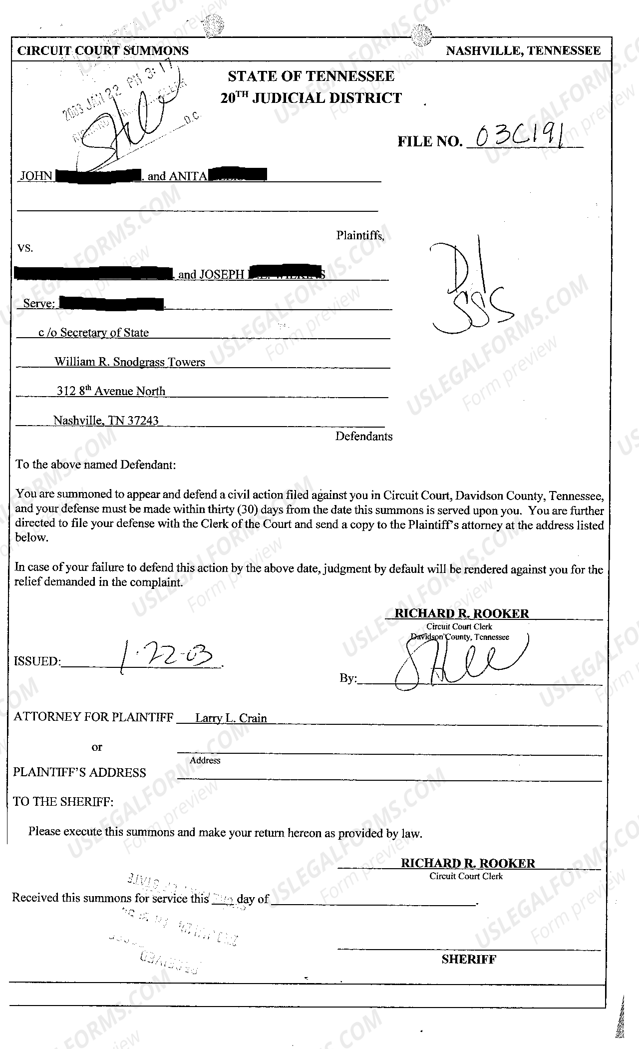 Tennessee Affidavit And Endorsement Acknowledging Receipt of Summons ...