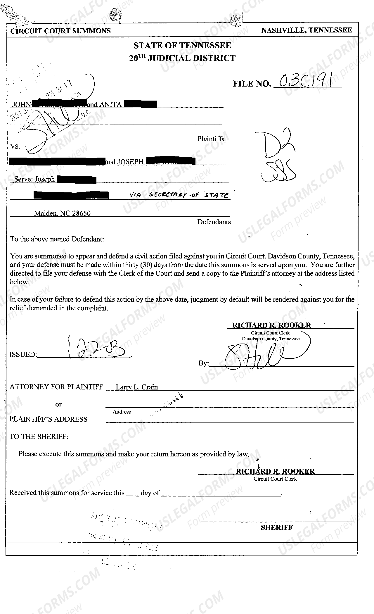 Tennessee Affidavit And Endorsement Acknowledging Receipt of Summons ...