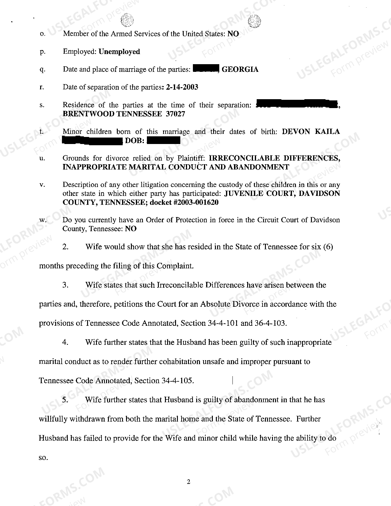 Tennessee Complaint For Divorce Based Upon Grounds of Irreconcilable ...