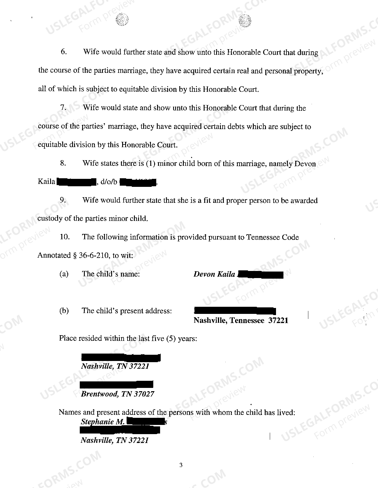 Tennessee Complaint For Divorce Based Upon Grounds of Irreconcilable ...