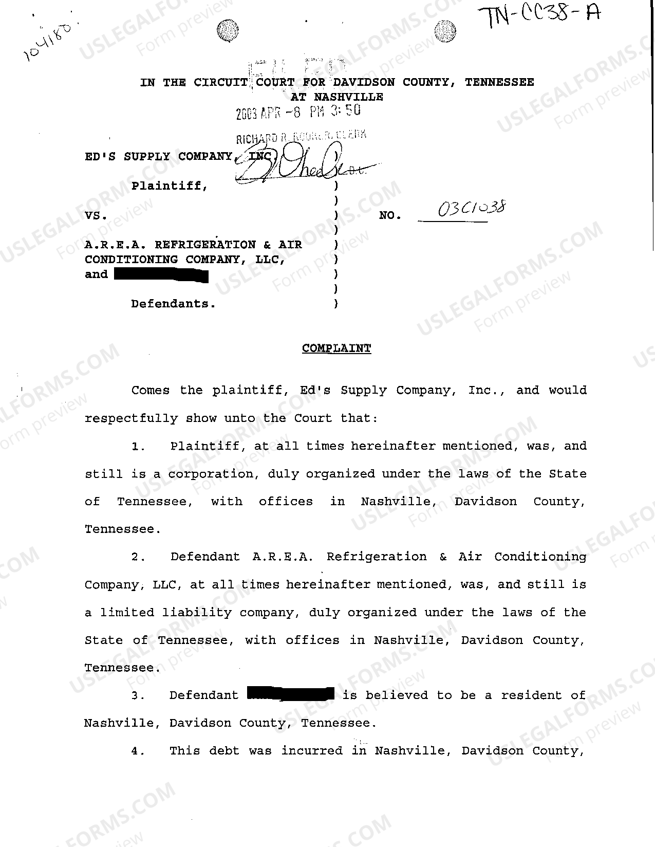 Tennessee Complaint For Judgment Against Defendants For Money Owed On