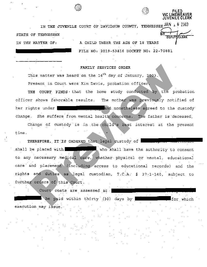 Memphis Tennessee Copy Of Custody Order To Take Temporary Care Of 