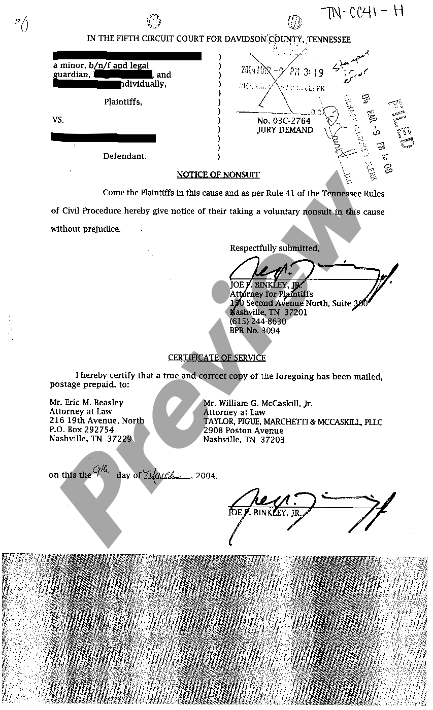 Knoxville Tennessee Notice Of Nonsuit Taken By Plaintiffs US Legal Forms