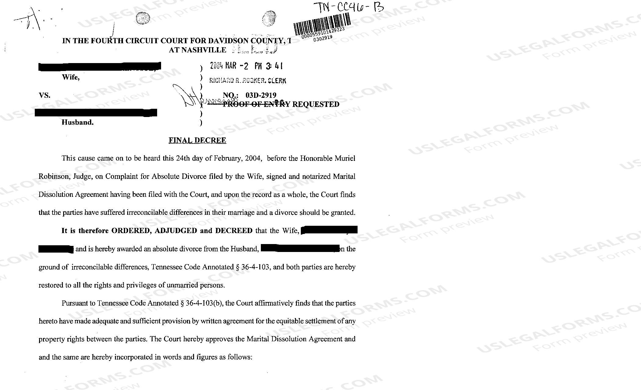 Tennessee Final Decree - part 1 | US Legal Forms