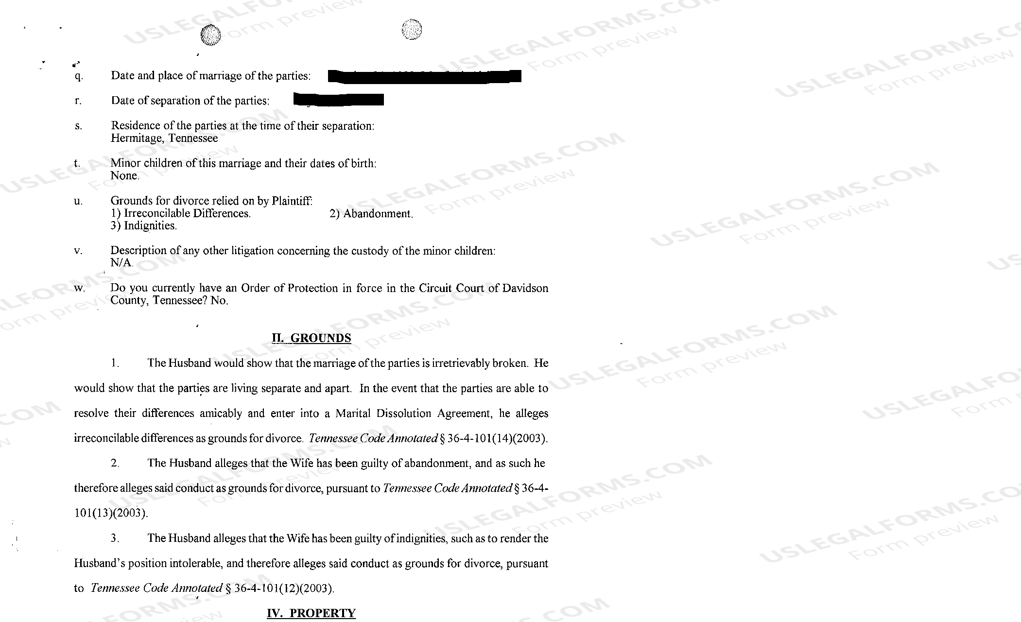 Tennessee Answer and Counter Complaint for Divorce | US Legal Forms