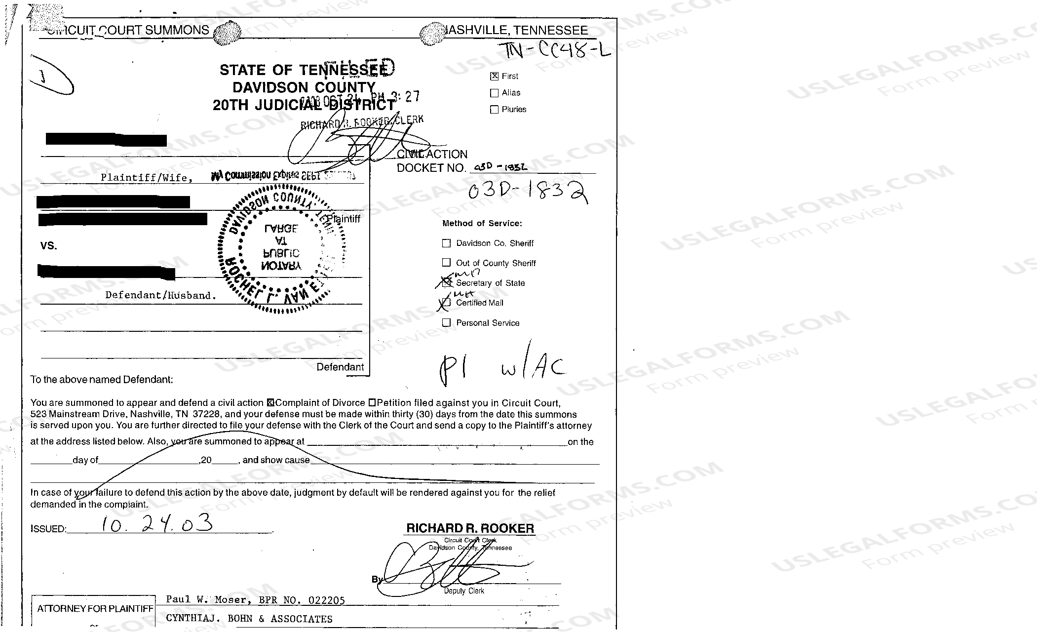 Tennessee Circuit Court Summons for Defendant to Appear in Court ...